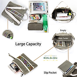 Worldlyda Women Canvas Tote Purse Large Retro Shoulder Bag Casual Crossbody Hobo Top Handle Handbags with Embroidery Ethnic(Oliver Green)