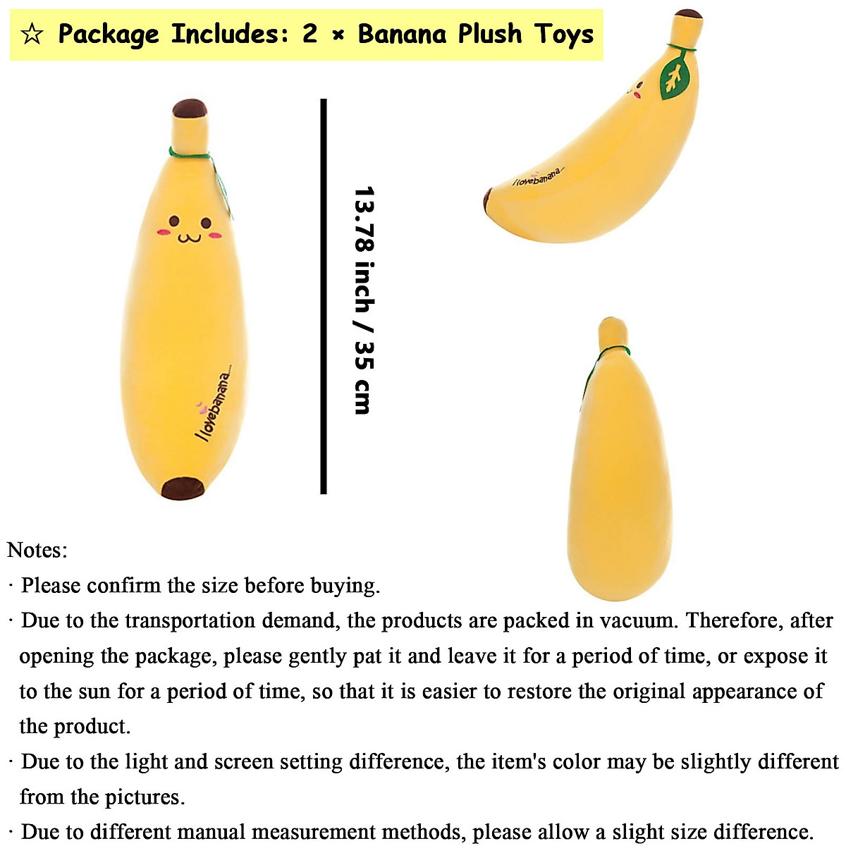 zhidiloveyou 2PCS Banana Plush Pillow Stuffed Banana Plushie Cute Fruit Toy for Kids, 13.7"