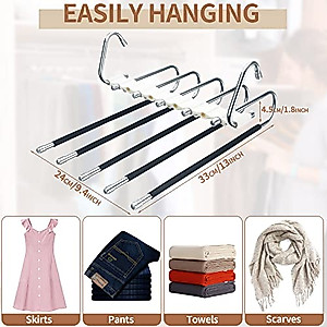 12 Pieces Pants Metal Hangers Organizer Space Saving 5 Layers Stainless Steel Pants Rack Non Slip Clothes Hanger Closet Organizer with Hooks for Trousers Scarf Jeans Skirts