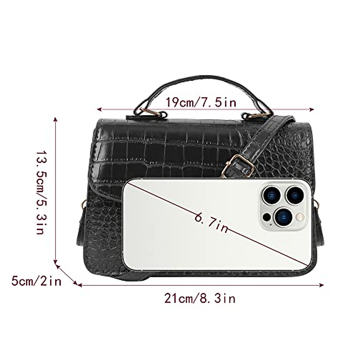 Goodbag Women Crocodile PU Leather Clutch Purse Detachable Shoulder Strap Tote Handbag, Black