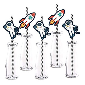 Space Party Straw Decor, 24-Pack Outer Space Moon Landing Birthday Baby Shower Party Decorations, Paper Decorative Straws