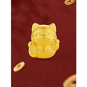 ZHOU LIU FU 24K Solid Gold Bracelet Real Gold Lucky Cat Charm Bracelet Yellow Gold Jewelry Fortune Cat Charm Bracelet for Women Red Bracelets (24K Solid Gold, 17cm /6.69 inch)