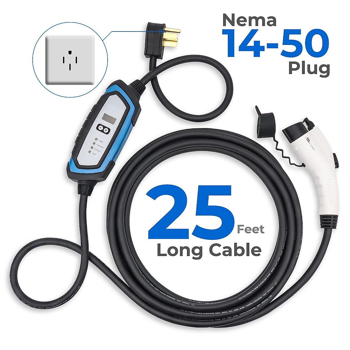 BougeRV Level 2 EV Charger Cable (32A, 25FT) Portable EVSE Electric Vehicle Charging Station (NEMA14-50) Waterproof Indoor/Outdoor Use