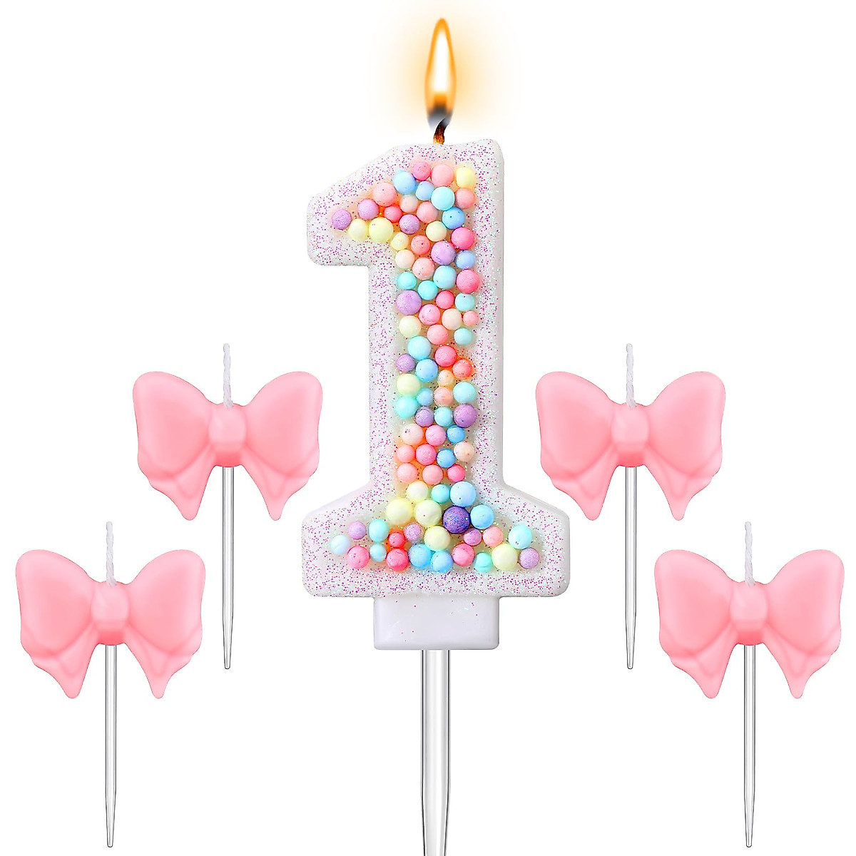 Conelist 6 Pcs 1 Birthday Candle Macaron Glitter 3D Number 1 Candles for First Birthday 2.95 Inch 1st Birthday Cake Topper with Pink Bow Shaped Candle for Party Wedding Anniversary Decoration
