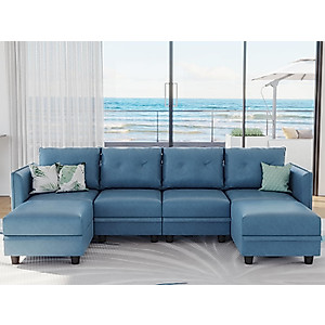 LLappuil Modular Sectional Sofa, Convertible U Shaped Couch with Storage, Faux Leather Fabric Waterproof Sectional Couch for Living Room, 111.8" Width, 6 Seat Modular Sofa, Navy Blue