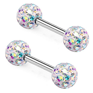 ZHIYAOR Never Fall out Crystal 14G Studs Nipple Rings Piercing Barbell Anti-allergy Surgical Steel Pairs (1pair AB,1pair White)