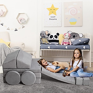 12 Pcs Modular Kids Play Couch, Convertible Sofa for Playing, Creating, Sleeping, Bedroom and Playroom Imaginative Furniture for Boys and Girls, Grey