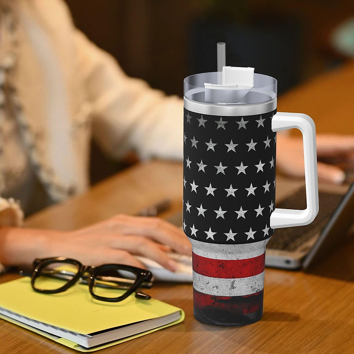 deaokluy 40 OZ American Flag Ice Bully Cup with Handle Straw Lid, Double Wall Stainless Steel Tumbler Travel Coffee Cup, Retro Insulation and Cooling Cup for Christmas Birthday Present