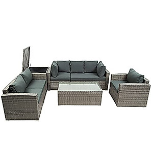 BIADNBZ 7 Piece Outdoor Patio Furniture Set for 6,All-Weather Wicker Sectional Sofa with a Loveseat and Storage Box, Rattan Conversation Couch with Glass Table for Garden Backyard, Grey