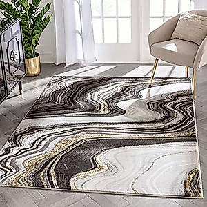 Well Woven Werrick Glam Grey & Gold Striated Marble Area Rug 9'3" x 12'6"