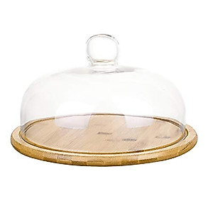 DOITOOL Cake Stand with Dome, Cake Plate Server Platter, Wood Cake Stand with Glass Dome, Cake Display Server Tray, 8.25x8.25x5.78inch