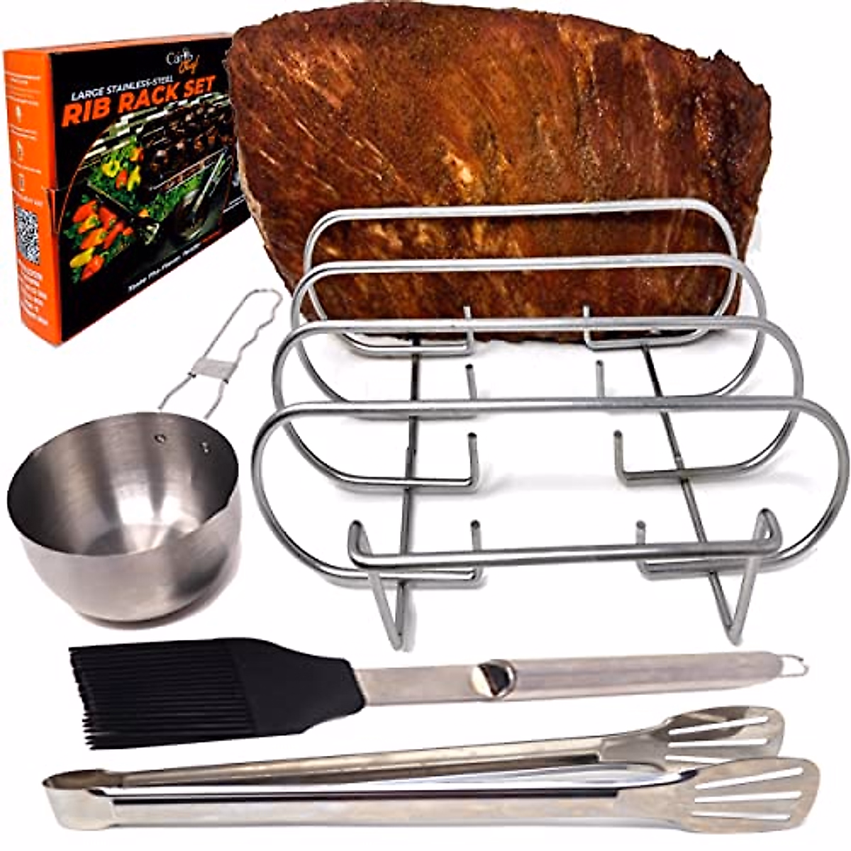 Large Rib Rack for Smoking - BBQ Rib Rack Gas Charcoal Smoker - Grilling Accessories - 304 Stainless Steel Roasting Stand With Tongs, Basting Brush Sauce Pan - Non Stick Grill Rack - Barbecue Rib Rack Holds 5 slab