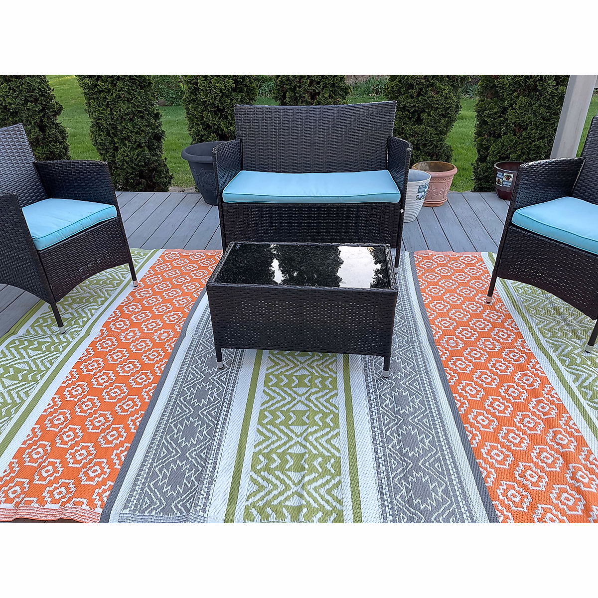 BalajeesUSA Outdoor Rugs 9x12 ft Large Plastic Patio Green, Orange Affordable Multipurpose Woven Plastic Straw All-Weather Waterproof Reversible Camper mat Backyard Picnic Sports Camps Tent Picnic