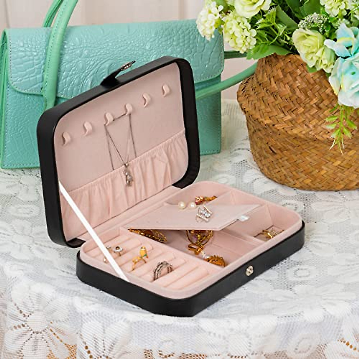 Smileshe Jewelry Box for Women Girls, PU Leather Small Travel Organizer Case, Portable Display Storage Holder Boxes for Rings Earrings Necklaces Bracelets