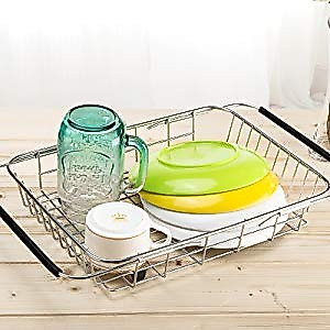 SANNO Dish Drying Rack with Stainless Steel Utensil Holder Expandable Dish Rack Drainer Sink Dish Rack, Deep Large Dish Drainer Dish Rack in Sink On Counter