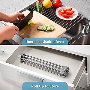 EMIERAI Upgraded Roll Up Dish Drying Rack(17.1” x 13.1”) Over Sink Dish Drainer Foldable Stainless Steel Trivet for Kitchen Countertop