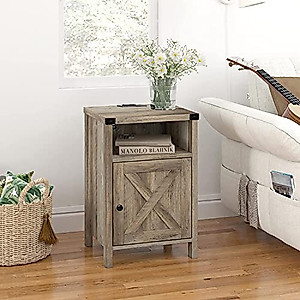 Farmhouse Nightstand Set of 2 with Charging Station,Industrial Bedside Table with Storage Living Room Bedroom Side Table End Table with Barn Door,Grey
