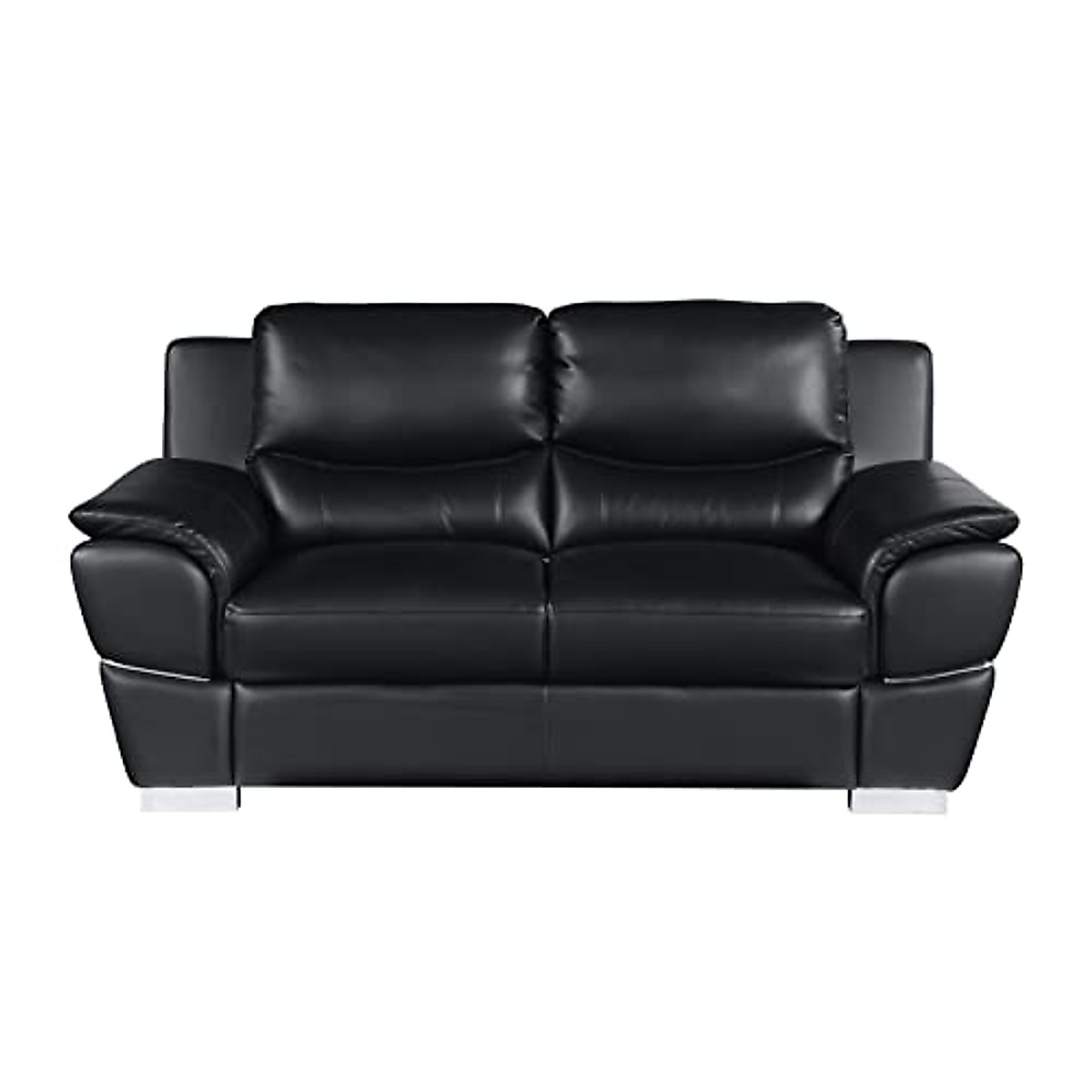 Blackjack Furniture Binion Modern Leather Loveseat for Living Room with Padded Headrests, Stainless Steel Legs & Accent Chrome Trim, Black