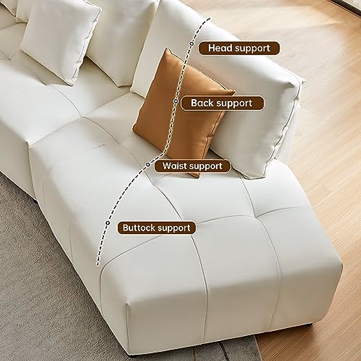 BAMOOLI 120'' Leather Curved Sectional Couches, Mid-Century Modern Leather Sectional Sofa Couches with 3 Pillows, Modular Sectional Couch Real Leather Sofas for Living Room, Bedroom, Apartment, Beige