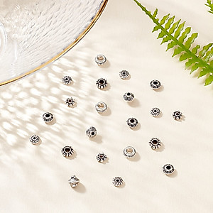 PH PandaHall 300pcs 6 Style Antique Silver Spacer Beads, Tibetan Metal Alloy Jewelry Beads Tube Spacers Flower Flat Rondelle Small Loose Beads for Bracelet Necklace Earring Jewelry Making Supplies