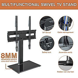 Universal Swivel TV Stand - Table Top TV Stand for 27-60 inch LCD LED TVs - Height Adjustable TV Base Stand with Tempered Glass Base & Wire Management, VESA 400x400mm HT06B-002