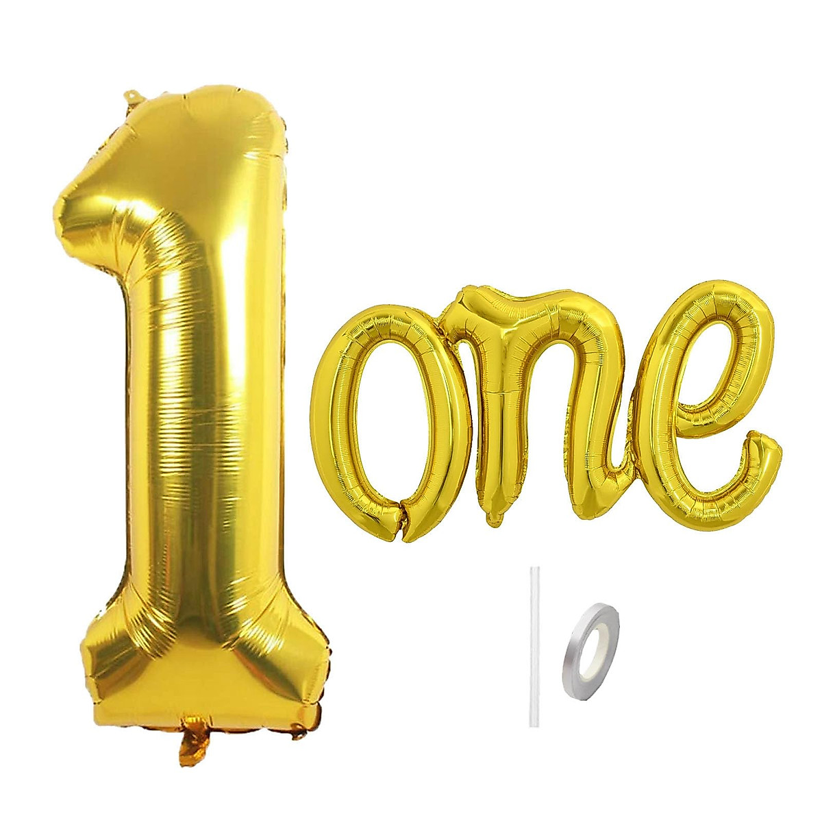 Gold One Balloons for First Birthday, 40 Inch Big Large Giant Number One Gold Balloon and Script Letter One Banner, One Party Decorations, First Birthday Decorations for Boy or Girl