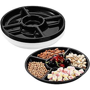 Okllen 12 Pack 5 Sectional Round Plastic Serving Tray, 12" Divided Candy Nut Serving Plate, Veggie Fruit Dish Platter Appetizer Tray for Dried Fruit, Snack, Desserts, Black & White