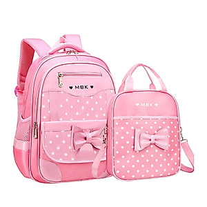LANSHIYA 2Pcs Princess Bow Girls Backpack 2-Piece Elementary School Bag Kids School Travel Bag Set