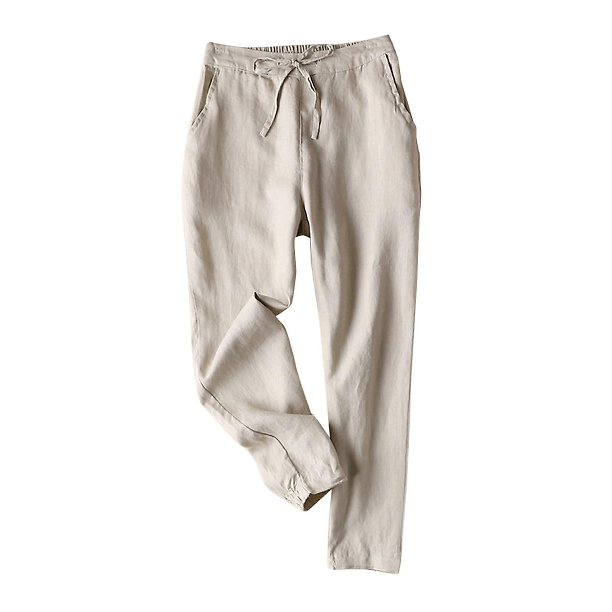IXIMO Women's Tapered Pants 100% Linen Drawstring Back Elastic Waist Pants Trousers with Pockets Khaki XL