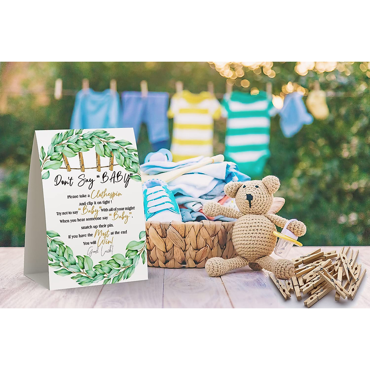 Don't Say Baby Sign, Baby Shower Clothespin Game, Includes a 5x7 Standing Sign and 50 Mini Natural Clothespins - Toctose041