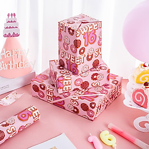 WRAPAHOLIC 16th Birthday Wrapping Paper - Mini Roll - 17 Inch X 33 Feet - Sweet 16 for Birthday, Party, Holiday