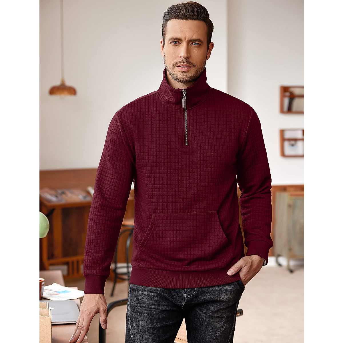 COOFANDY Men 1/4 Zip Polo Sweatshirt Long Sleeve Lightweight Collar Pullovers for Spring Fall Winter Wine Red