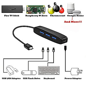 AuviPal 3-Port Micro USB OTG Hub Adapter (3 USB Ports + Power Port) for Fire Stick 4K, PlayStation Classic, Raspberry Pi Zero, Sega Genesis Mini, S/NES Classic Mini and More - Black