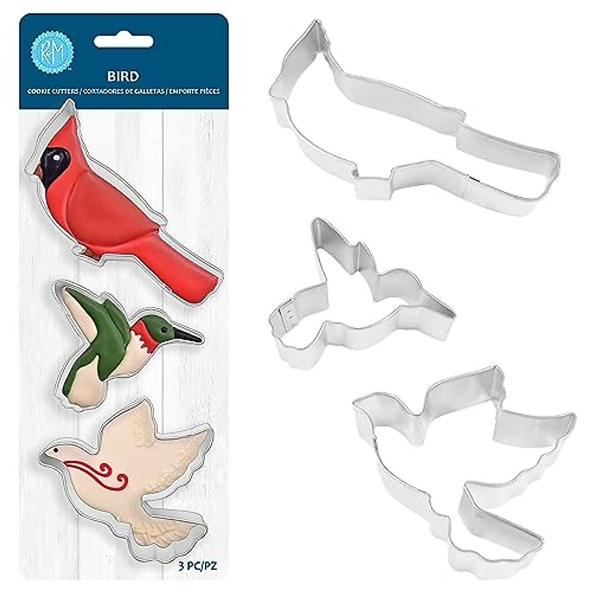 R & M International 2024 Bird Cardinal, Hummingbird, and Dove, 3-Piece Cookie Cutter Set, Silver