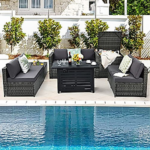 Tangkula 9 Pieces Patio Rattan Furniture Set, Patiojoy Sectional Sofa Set w/Fire Pit Table, Storage Box, Coffee Table, Outdoor Wicker Conversation Set w/ 42” Propane Fire Pit Table (Grey)