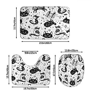WONDERTIFY Witch's Cat Bathroom Antiskid Pad Halloween Gothic Cute Kitty Star Moon Tattoo 3 Pieces Bathroom Rugs Set, Bath Mat+Contour+Toilet Lid Cover Black White