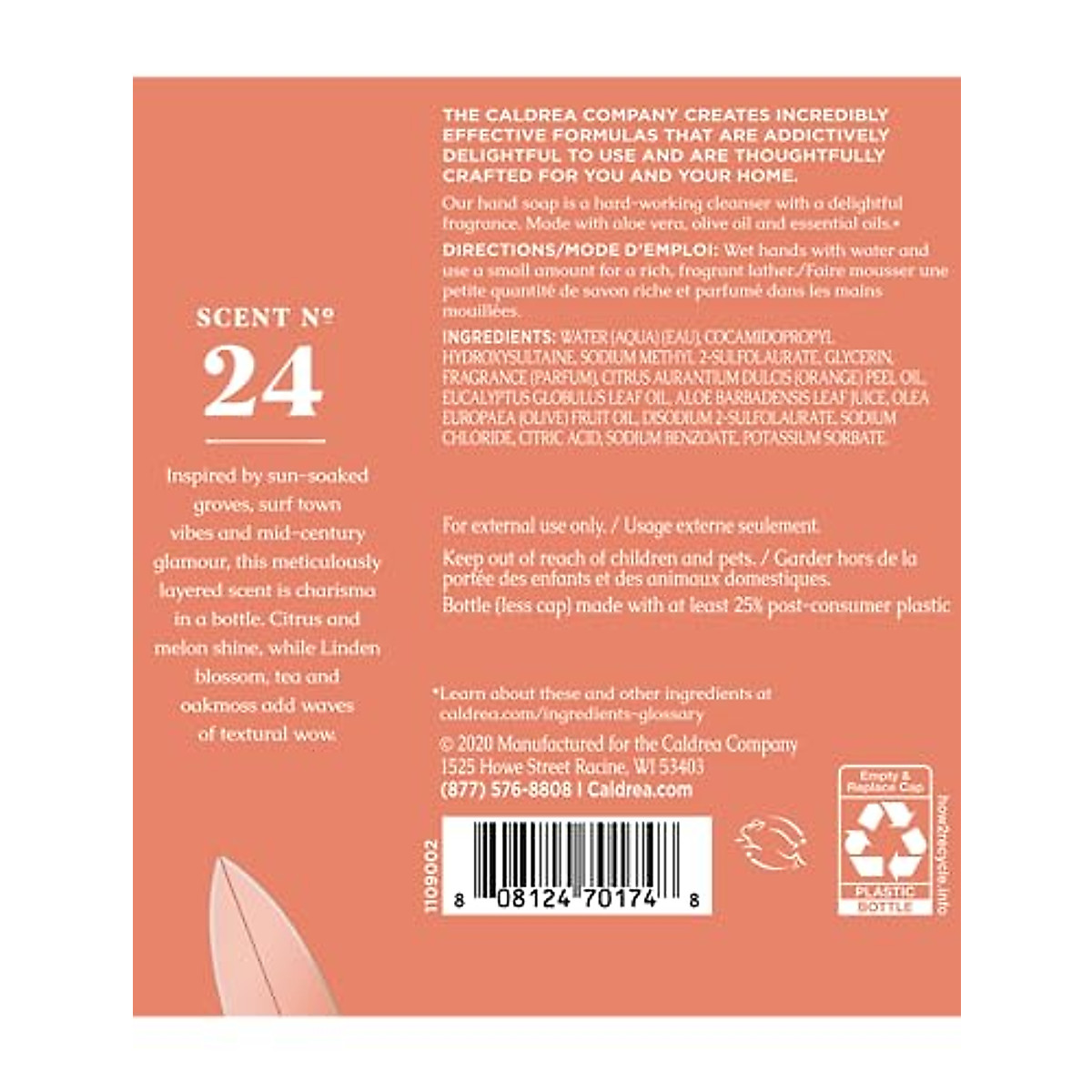 Caldrea Hand Soap Refill, Aloe Vera Gel, Olive Oil And Essential Oils To Cleanse And Condition, Tangelo Palm Frond Scent, 32 Oz