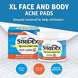 Stridex XL Face & Body Pads, 90 Count, Maximum Strength, Facial Cleansing Wipes, Alcohol-Free Face Pads, Acne Treatment for Face & Body, Dual Textured Pads, Smooth Application