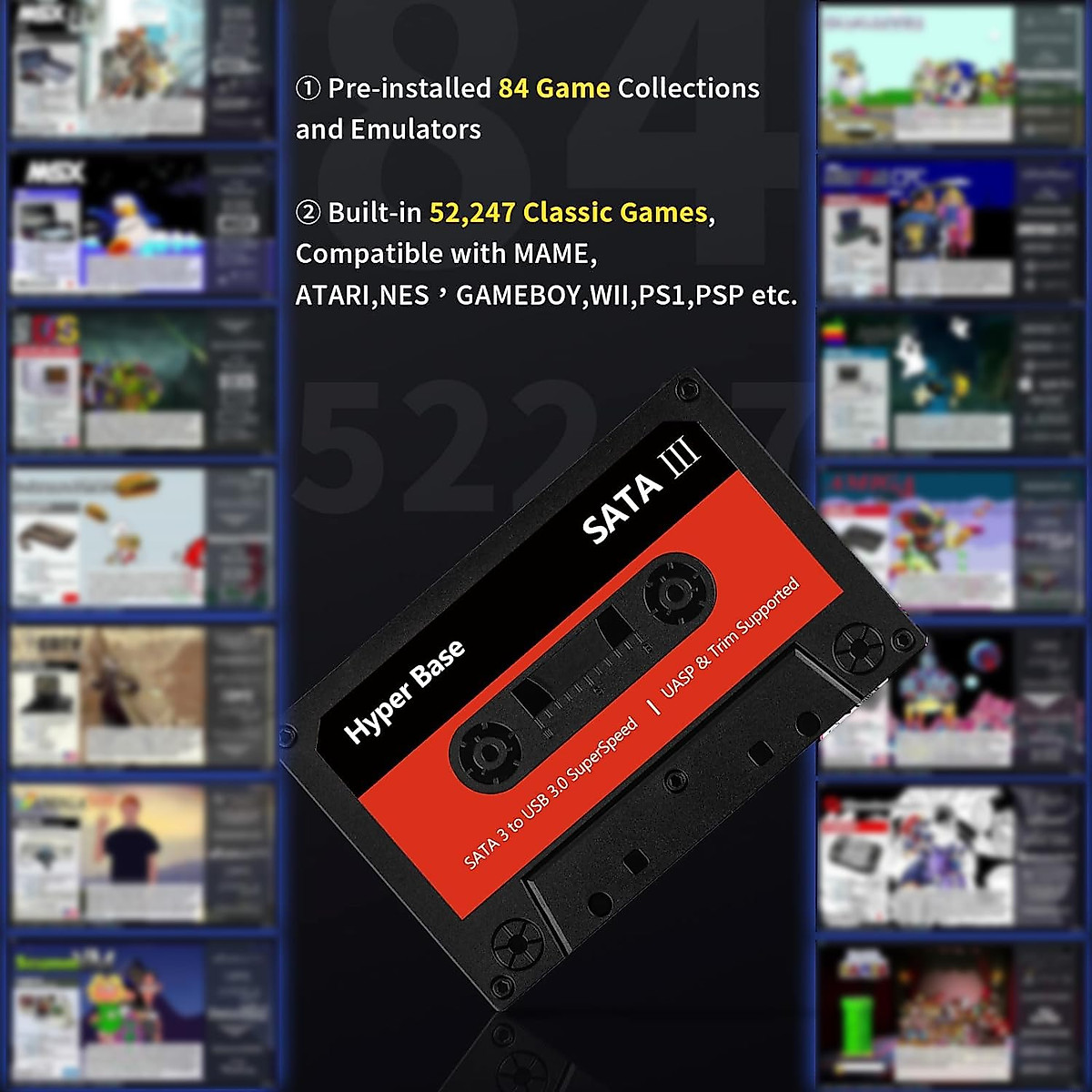Retro Game Console Made by 2T External Hard Drive, Emulator Console Built-in 52,247 Games, Batocera Game System 84 Emulators Compatible with PS2/WiiU/MAME/X Box/SS, Plug and Play in Windows