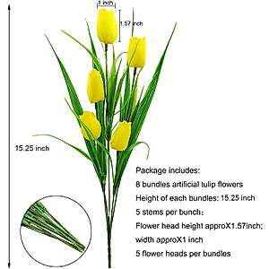 Guagb 8 Bundles Outdoor Artificial Tulips Fake Flowers UV Resistant Faux Plastic Greenery Shrubs Plants for Home Outside Garden Porch Window Farmhouse Decor (Yellow)