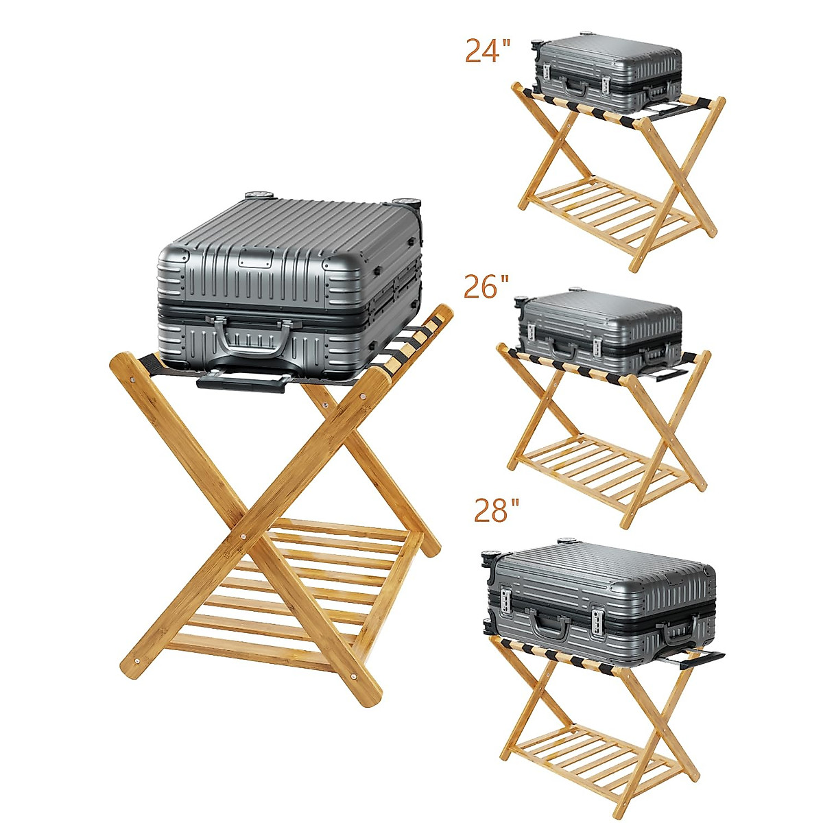 Luggage Rack, Folding Suitcase Stand with Storage Shelf, Natural Bamboo Suitcase Storage, Heavy-Duty Luggage Holder for Guest Room, Bedroom, Hotel, Luggage Racks for Suitcases, Holds up to 150lb