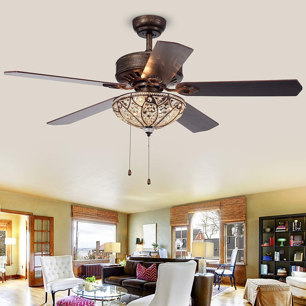 Warehouse of Tiffany CFL-8353RB Gliska 52-Inch 5-Blade Rustic Bronze Lighted w Crystal Shade Ceiling Fan, Brown