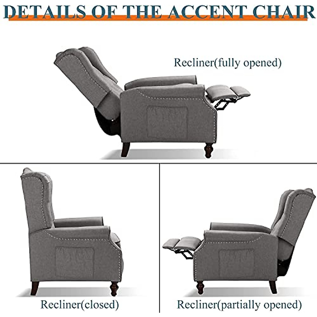 OQQOEE Wingback Recliner Chair with Massage & Heat Vibration, Fabric Push Back Accent Chairs Diamond Tufted Reclining Armchair for Living Room, Bedroom (Fabric, Light Grey)