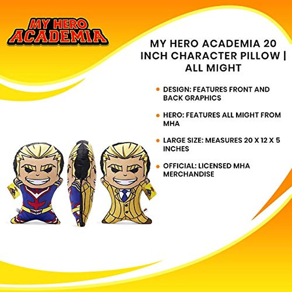 Official My Hero Academia Character Pillow - 20-Inch All Might Doll Body Replica - Gift for Friends, Family, and Fans - Bed, Couch, Room Decoration - Soft Throw Cushion - Licensed Merchandise