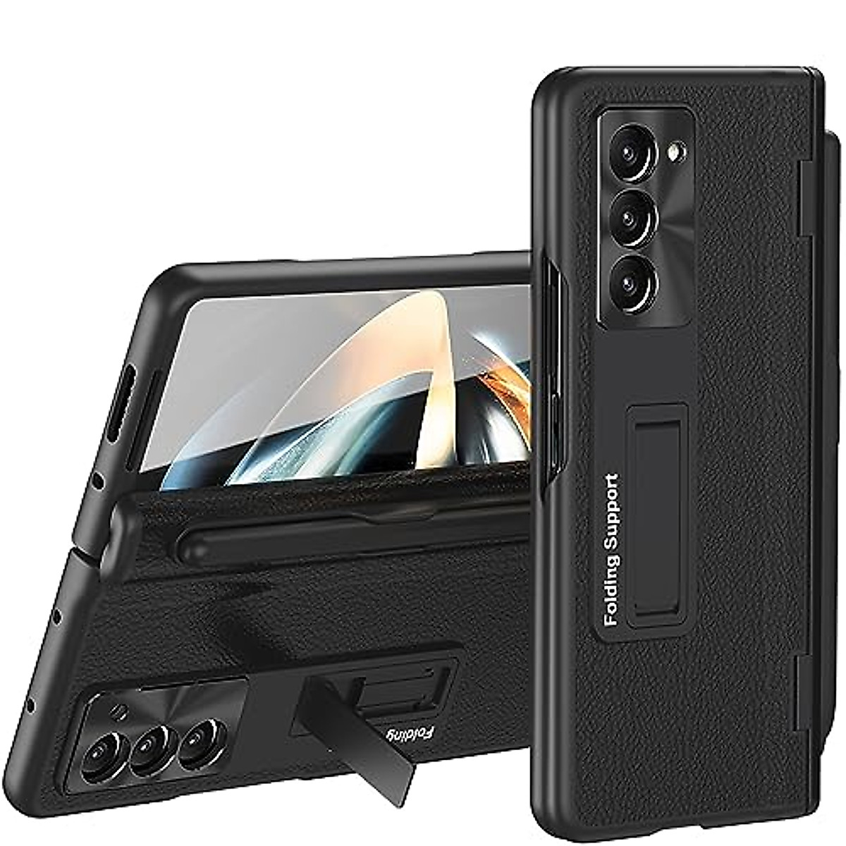 CCSmall for Samsung Galaxy Z Fold 5 5G Case with Screen Protector, S Pen Slot & Stylus Hinge Design Fine Leather Protective Phone Case with Kickstand Casefor Galaxy Z Fold5, Black