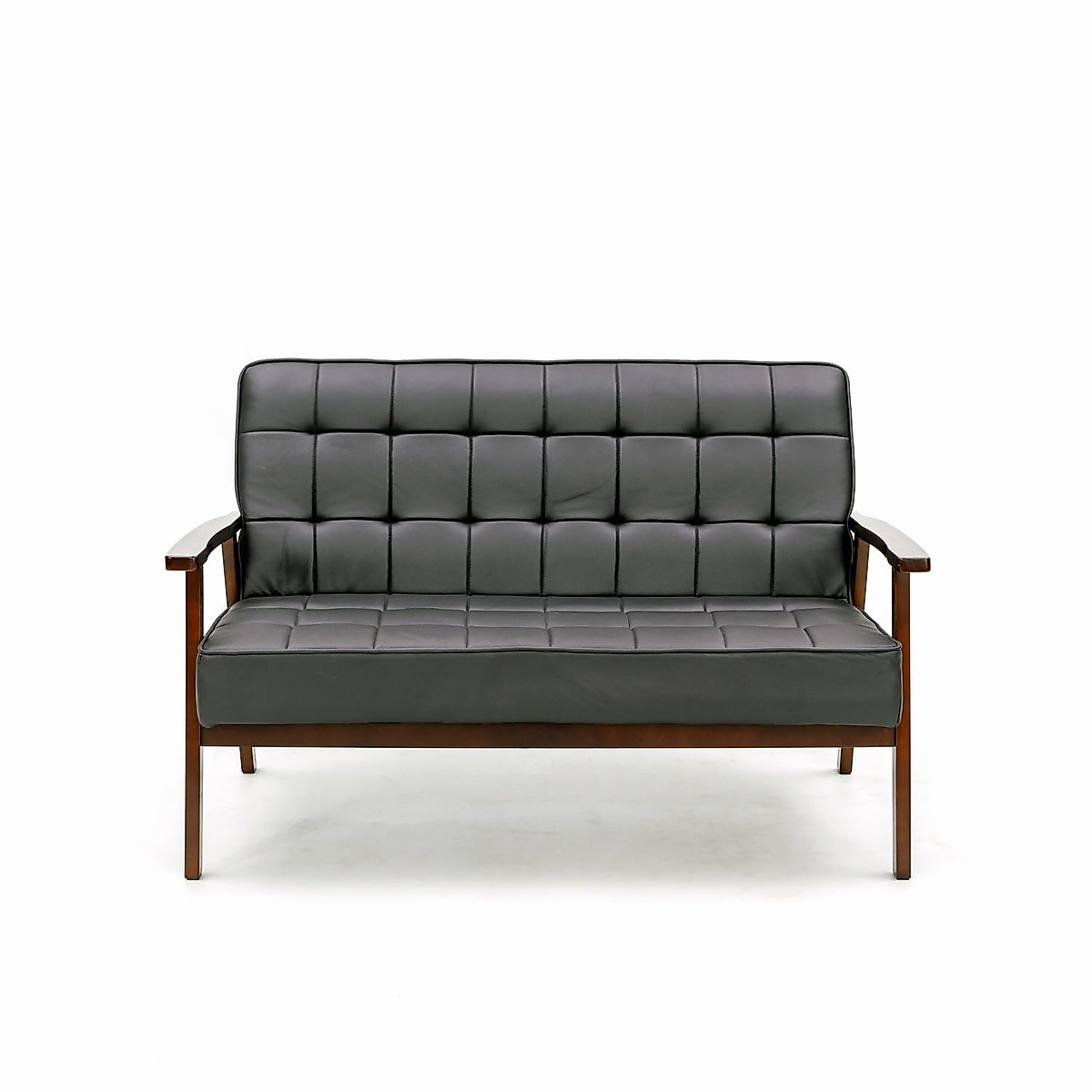 Panana 110 cm Small Office Couch Loveseat Sofa with Wood Arms, Mid Century Modern Love Seat Sofas Lounge Armchair Living Room Bedroom (Black Artificial, Tufted)