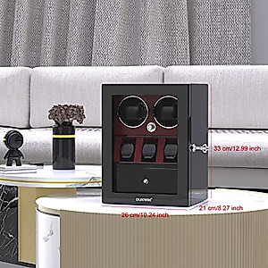 DUKWIN Watch Winder for 2 Automatic Watch, Lockable Red Watch Winder with 3 Watch Storage Places and Jewelry Storage, Super Quiet Mabuchi Motor, High-Gloss Piano Lacquer Finish, Built-in Illumination