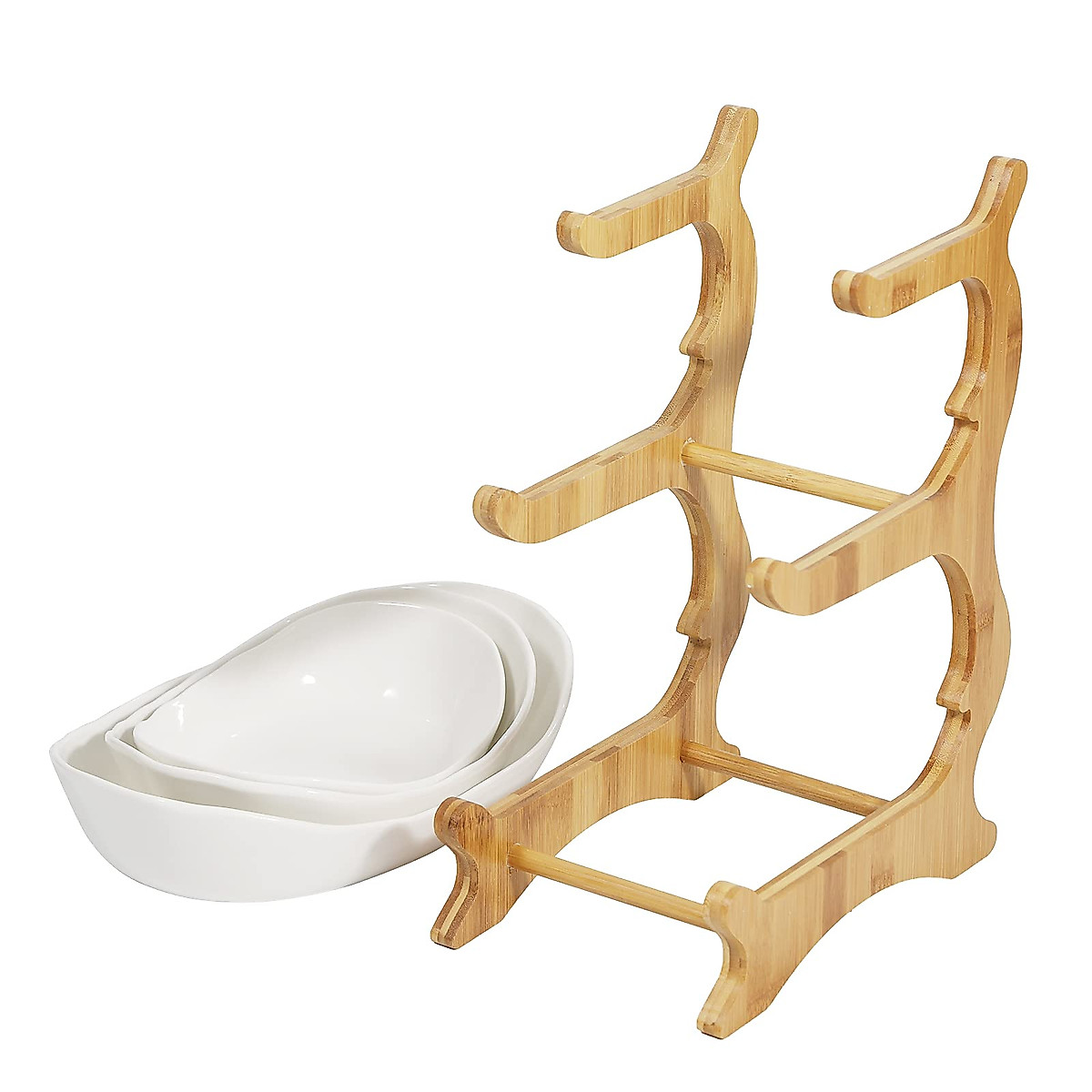 CNCEST 3 Layer Ceramic Fruit Plate Bamboo Wooden Frame Household Sushi Basket Bowl Holder Multi-Layer Tray Storage Rack Vegetables Stand Kitchen Organizer White