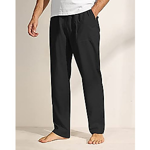Ficerd 2 Pcs Men's Drawstring Linen Pants Men Casual Beach Trousers with Pocket Lightweight Elastic Yoga Pant (Black, Khaki, Small)