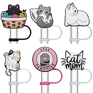 6 PCS Silicone Spill Stopper Set for Stanley Cup Straw Covers 30 oz / 40 oz Tumbler Leak Proof Drink Stoppers Silicone Straw Stopper Caps for Stanley Cup Accessories-Cat